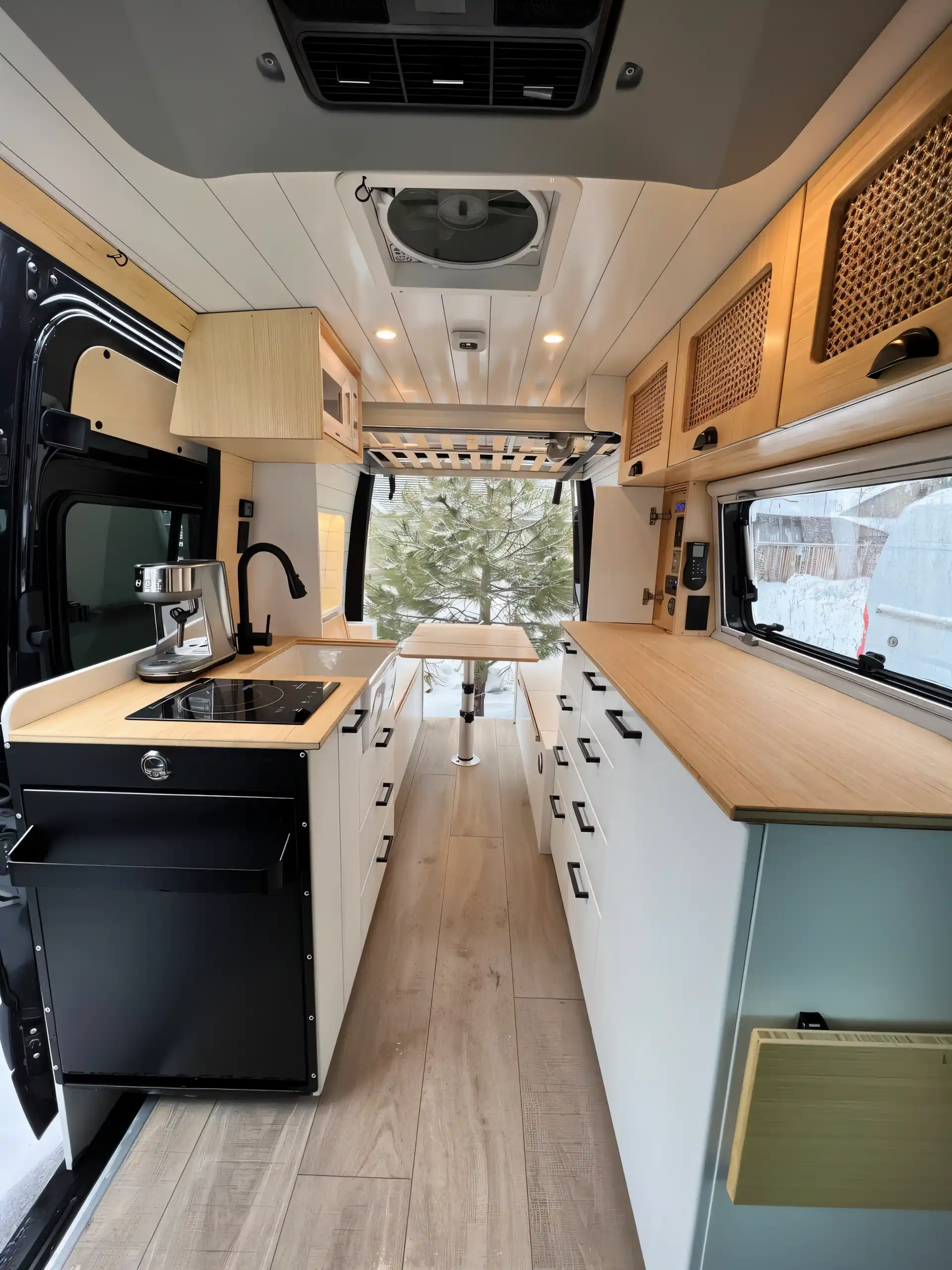 Cozy interior of a custom campervan
